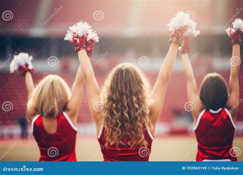 Cheerleaders Cheering With Red And White Pom Poms Stock Image