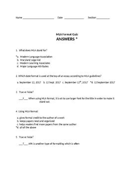 MLA Quiz By Becky Decker TPT