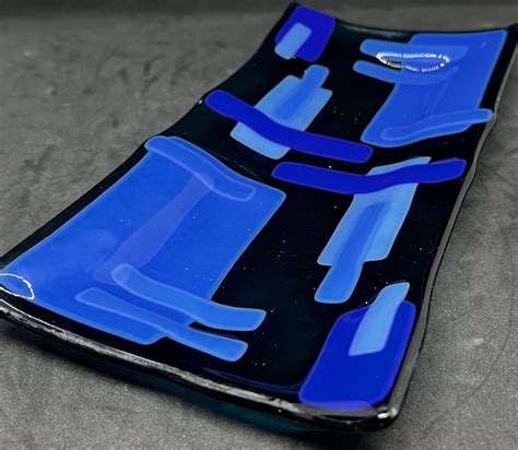Minimal Modern Fused Art Glass Plate Dish Spoon Rest Blue And Green Blue Glass Handmade Decor