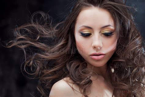 Brunette Girl With Long Wavy Hair Beautiful Model With Curly