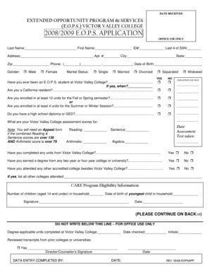 Fillable Online Vvc 2008 2009 E O P S APPLICATION Victor Valley