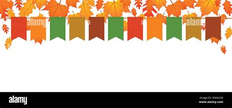 Autumn Party Flags Banner On White Background With Falling Leaves Stock