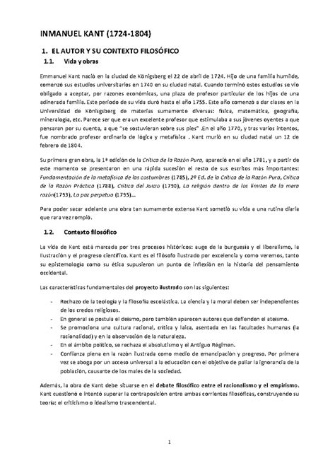 Kant Apuntes de Kant INMANUEL KANT EL AUTOR Y SU CONTEXTO FILOSÓFICO Vida