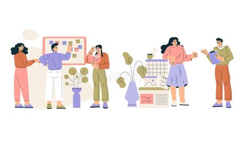 Business Concept With Man And Woman Character Engaged In Workflow Deal With Project Vector Set