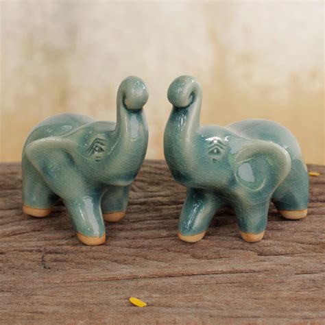 Novica Handmade Set Of 2 Celadon Ceramic Lucky Blue Elephants