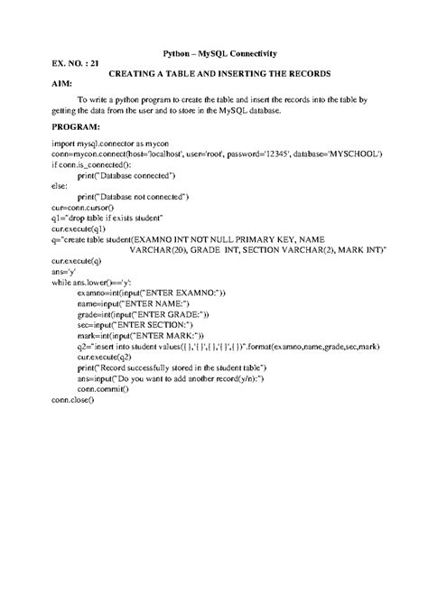 Ip Mysql Python Ex No 21 Structured Query Language Create A Student Table With Student Id
