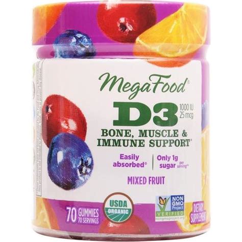 Megafood D3 Bone Muscle And Immune Support Mixed Fruit Flavor 70 Gummies