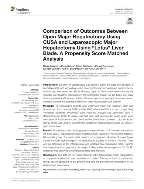 Pdf Comparison Of Outcomes Between Open Major Hepatectomy Using Cusa And Laparoscopic Major