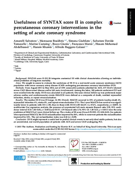Pdf Usefulness Of Syntax Score Ii In Complex Percutaneous Coronary