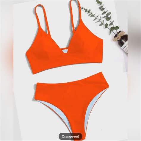 Swim New Neon Orange Plunge Triangle Bikini Set Swimwear Size M