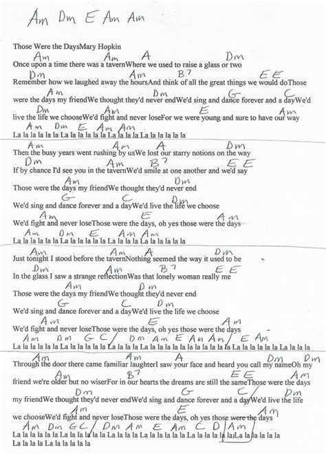 Those Were The Days Mary Hopkins Guitar Chord Chart Transposed To Am Guitar Chord Chart