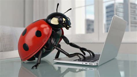 Large Cartoonish Ladybug Programming Or Creating Bugs On Laptop In
