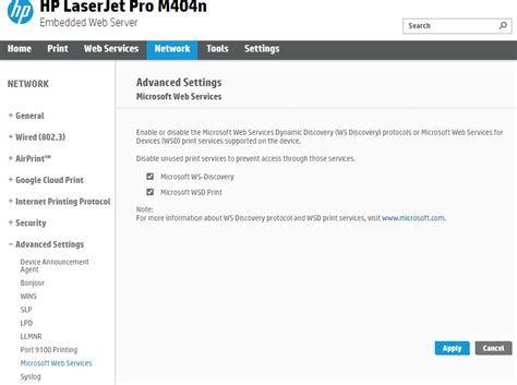 is microsoft wsd print service enabled by default on hp lase hp