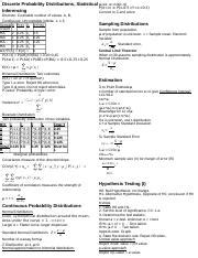 BSB123 Data Analysis Exam Notes Discrete Probability Distributions Statistical N N 1 P X X