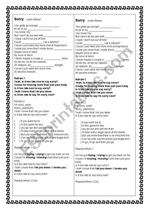 Sorry Justin Bieber Song Worksheet ESL Worksheet By Denised