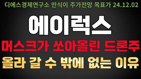 에이럭스 주가전망 머스크가 쏘아올린 드론주 올라갈 수 밖에 없는 이유 디에스경제연구소 만식이 Youtube