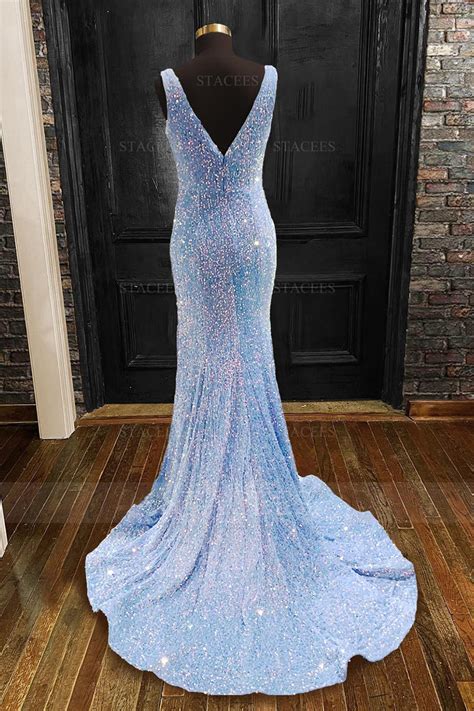 Queendancer Women Mermaid Sequins Light Blue Long Prom Dress Sparkly