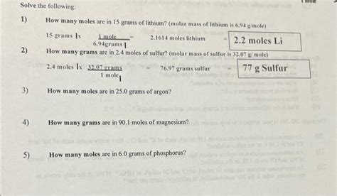 Solved 1 How Many Moles Are In 15 Grams Of Lithium Molar