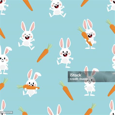 귀여운 하얀 토끼와 당근 완벽 한 패턴입니다 Rabit 만화 캐릭터입니다 계절에 대한 스톡 벡터 아트 및 기타 이미지 계절