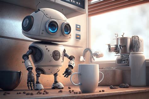 Cute Robot Assistant Busy Preparing Morning Coffee With View Of Futuristic Kitchen Stock