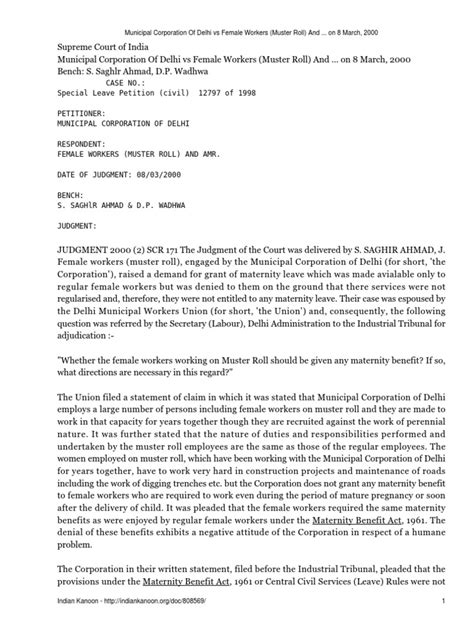 Municipal Corporation Of Delhi Vs Female Workers Muster Roll And