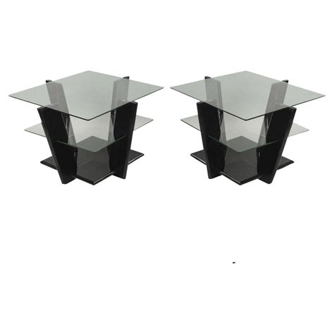 Pair Of Contemporary Modern Black Lacquer And Glass 3 Tier End Tables