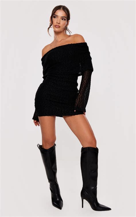 Black Textured Bardot Flare Long Sleeve Mini Dress Dresses