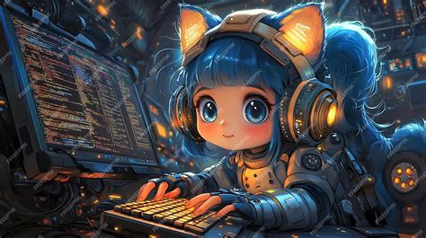 Cute Anime Girl Coder Working On A Futuristic Computer Premium Ai