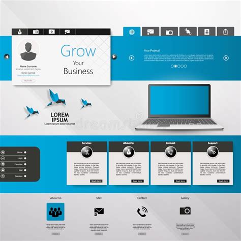 Website Ui Elements Gray And Blue Navigation Bar Buttons Slider Message Box Menu Login