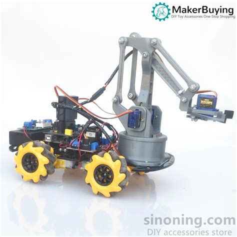 ps2 4wd remote control mecanum omnidirectional wheel trolley with 4dof robot arm manipulator for