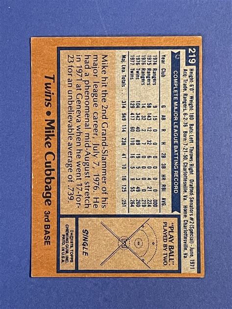 1978 Topps Baseball Mike Cubbage 219 Minnesota Twins Ebay