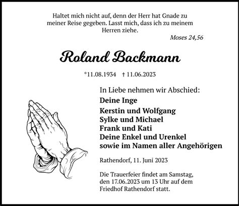 Traueranzeigen Von Roland Backmann Trauer Anzeigende