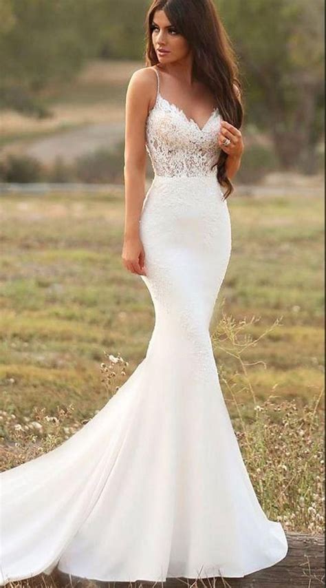 Sexy Mermaid White Wedding Dresses Spaghetti Straps Lace Satin Trumpet
