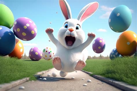 Premium Ai Image Easter Bunny Throwing Eggs Generative Ai