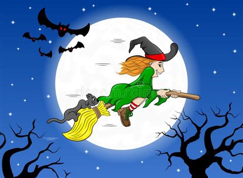 Witch Flying Over The Moon Stock Vector Illustration Of Seasonal