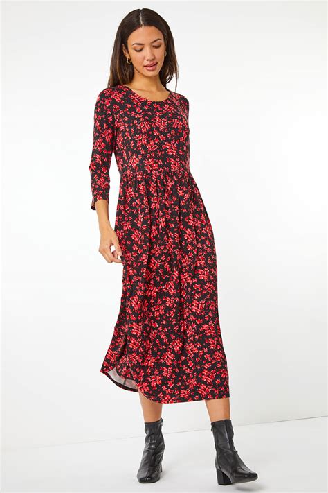 Ditsy Floral Stretch Midi Dress In Red Roman Originals Uk