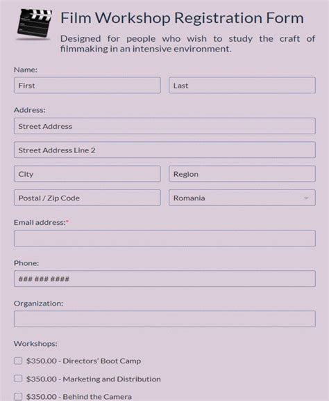 Free Film Workshop Registration Form Template 123formbuilder