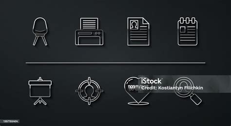 세트 라인 오피스 의자 다이어그램칠 나선형 노트북 하트 텍스트 작업 헤드 헌팅 개념 프린터 검색 사람과 이력서 아이콘을위한 돋보기가있는 칠판 벡터 가구에 대한 스톡 벡터