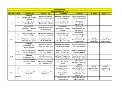 time table project school of business bba sem 2 jan june 2024