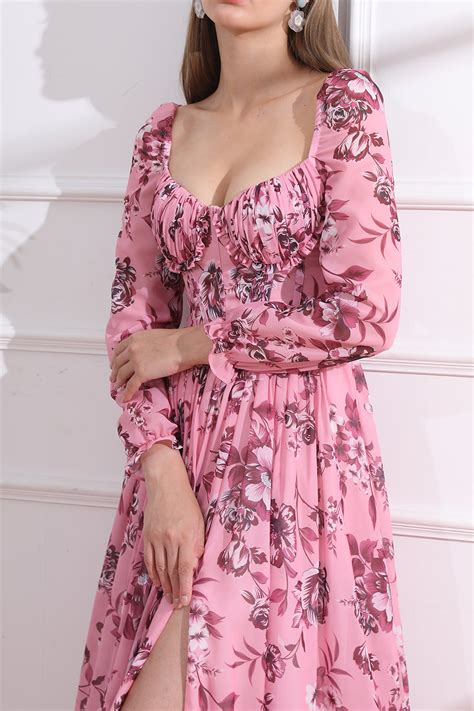 Missjophiel Long Sleeves Corset V Neck Floral Print Chiffon Dress With