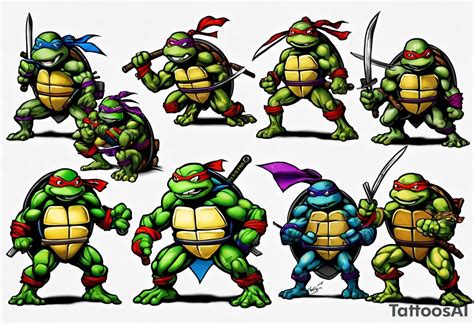 All Four Teenage Mutant Ninja Turtles Fighting Enemies In A Cityscape