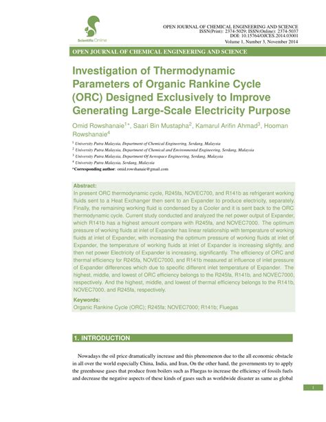 Pdf Investigation Of Thermodynamic Parameters Of Organic Rankine Cycle Orc Designed