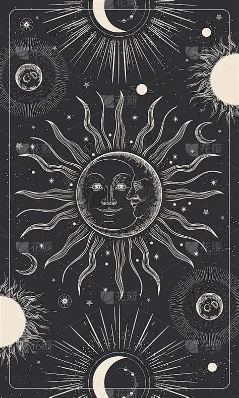 用太阳和月亮的脸作画。塔罗牌，占星术插图。素材 花瓣网