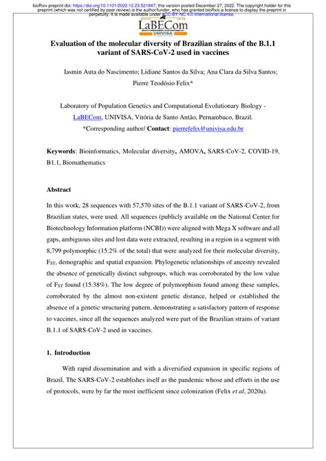 Pdf Evaluation Of The Molecular Diversity Of Brazilian Strains Of The B 1 1 Variant Of Sars