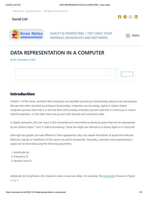Data Representation In A Computer Knec Notes Pdf Binary Coded