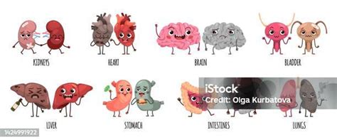 Dessin Animé Mal Sain Et Paires Dorganes Sains Personnages Mignons Avec Des Visages Des Poumons