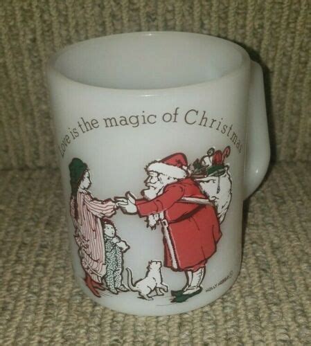 Vintage Federal D Handle Mug Holly Hobbie Christmas Love Milk Glass