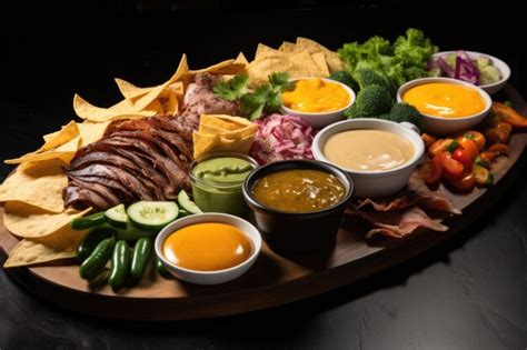 Premium Ai Image Nacho Platter With Dipping Sauces On The Side