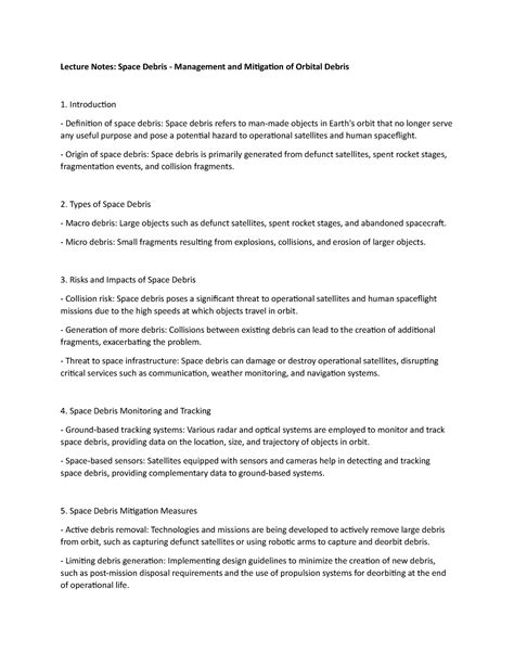 Lecture Notes Space Debris Management And Mitigation Of Orbital