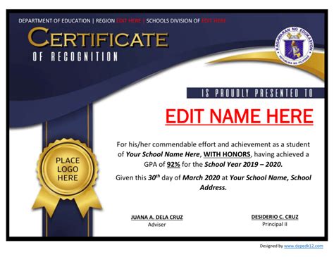 Certificate Of Recognition For Academic Achievement